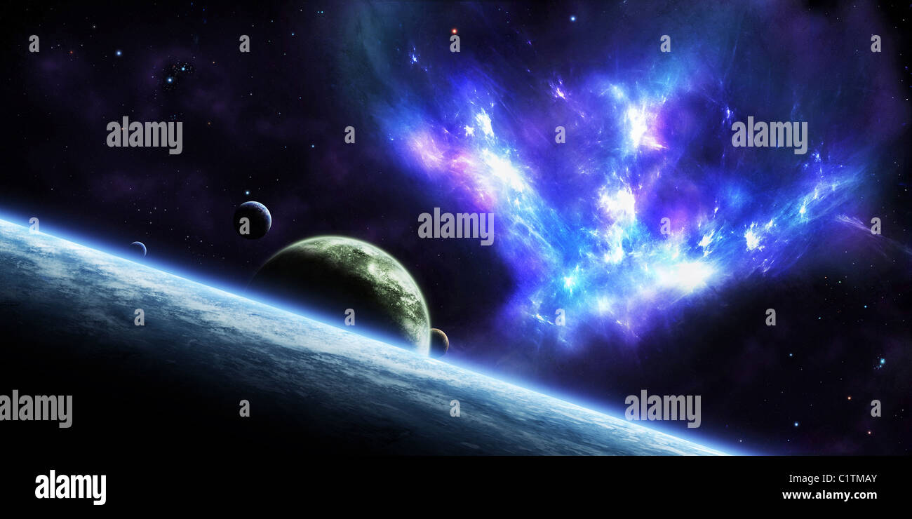 A bird-shaped nebula watches over a group of planets Stock Photo - Alamy