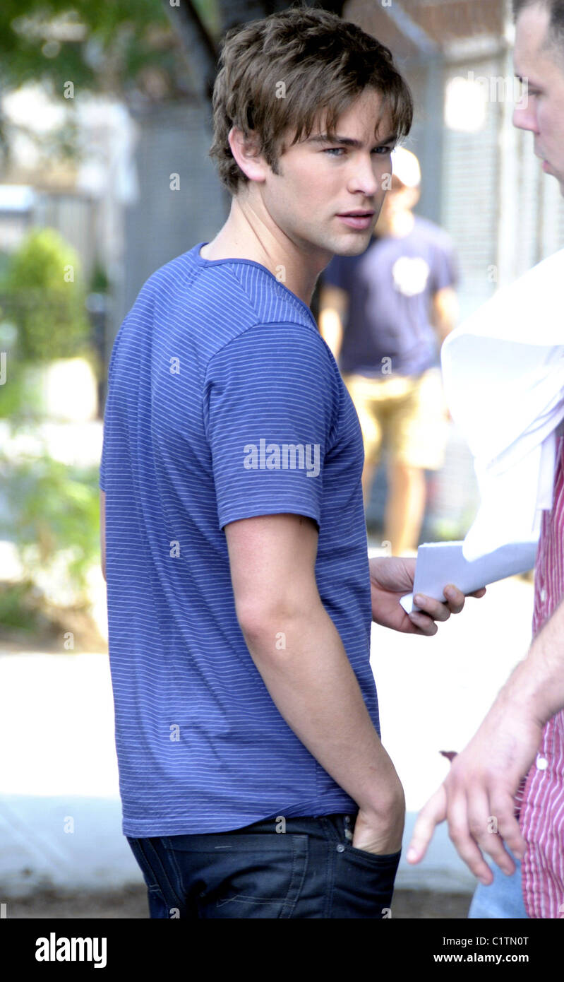 Chase Crawford, on the set of 'Gossip Girl' filming on location as one ...