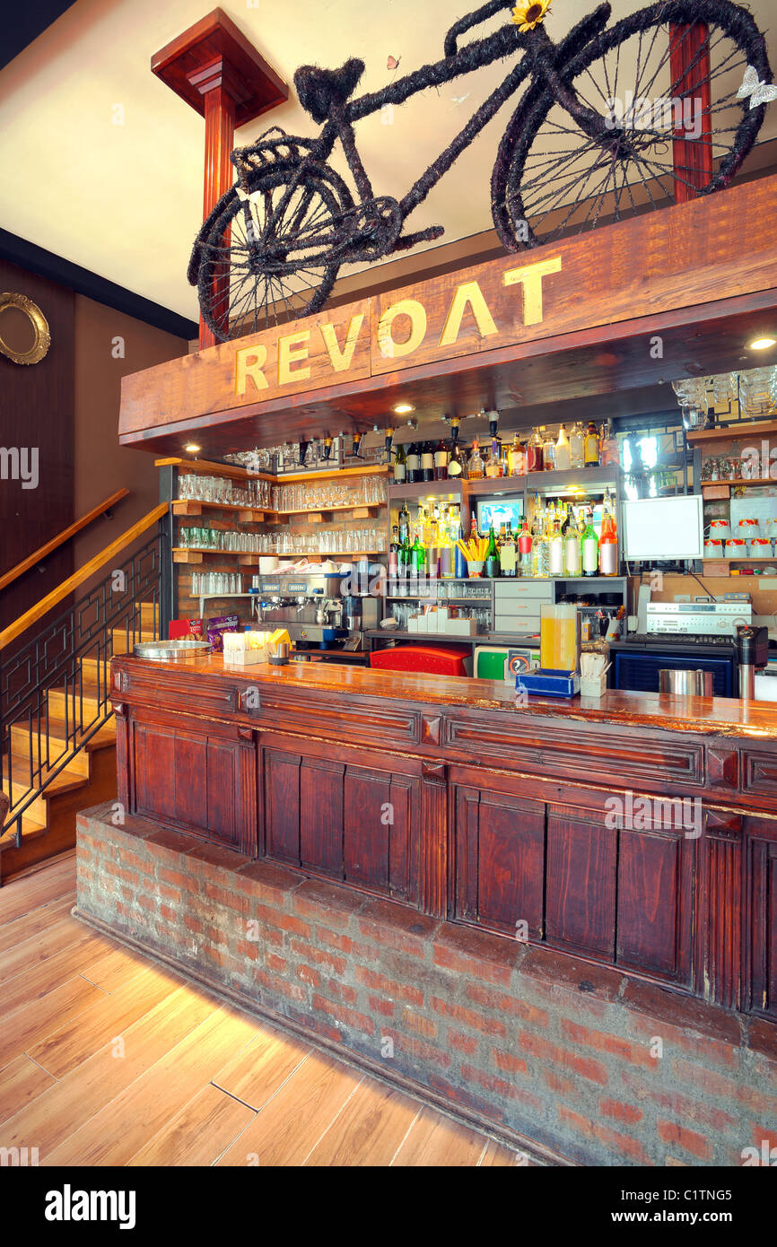 Interior of a modern cafe, furniture, lighting equipment and decoration ...