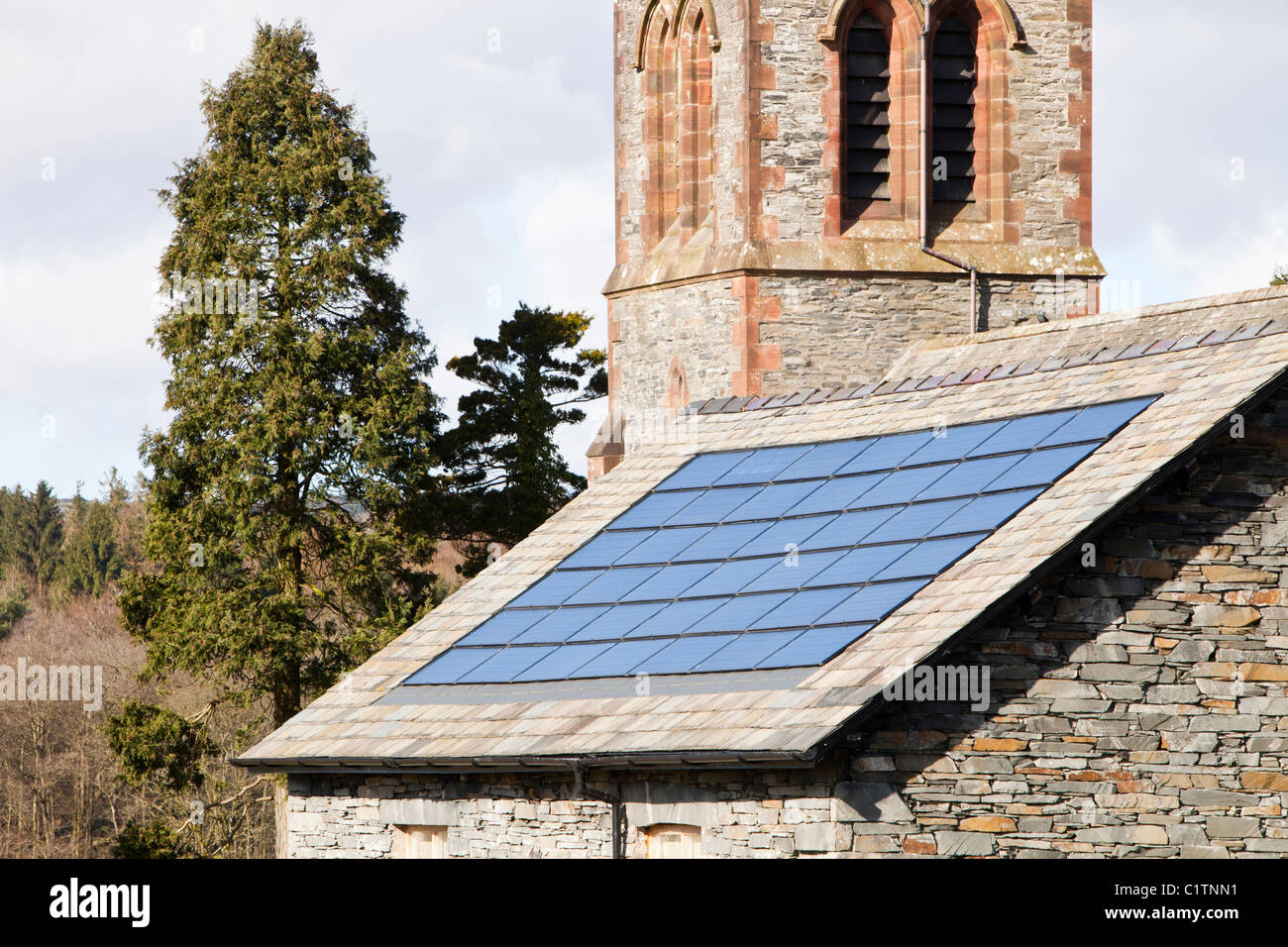 Solar electric panels on Lowick Village Hall in South Cumbria, UK Stock ...