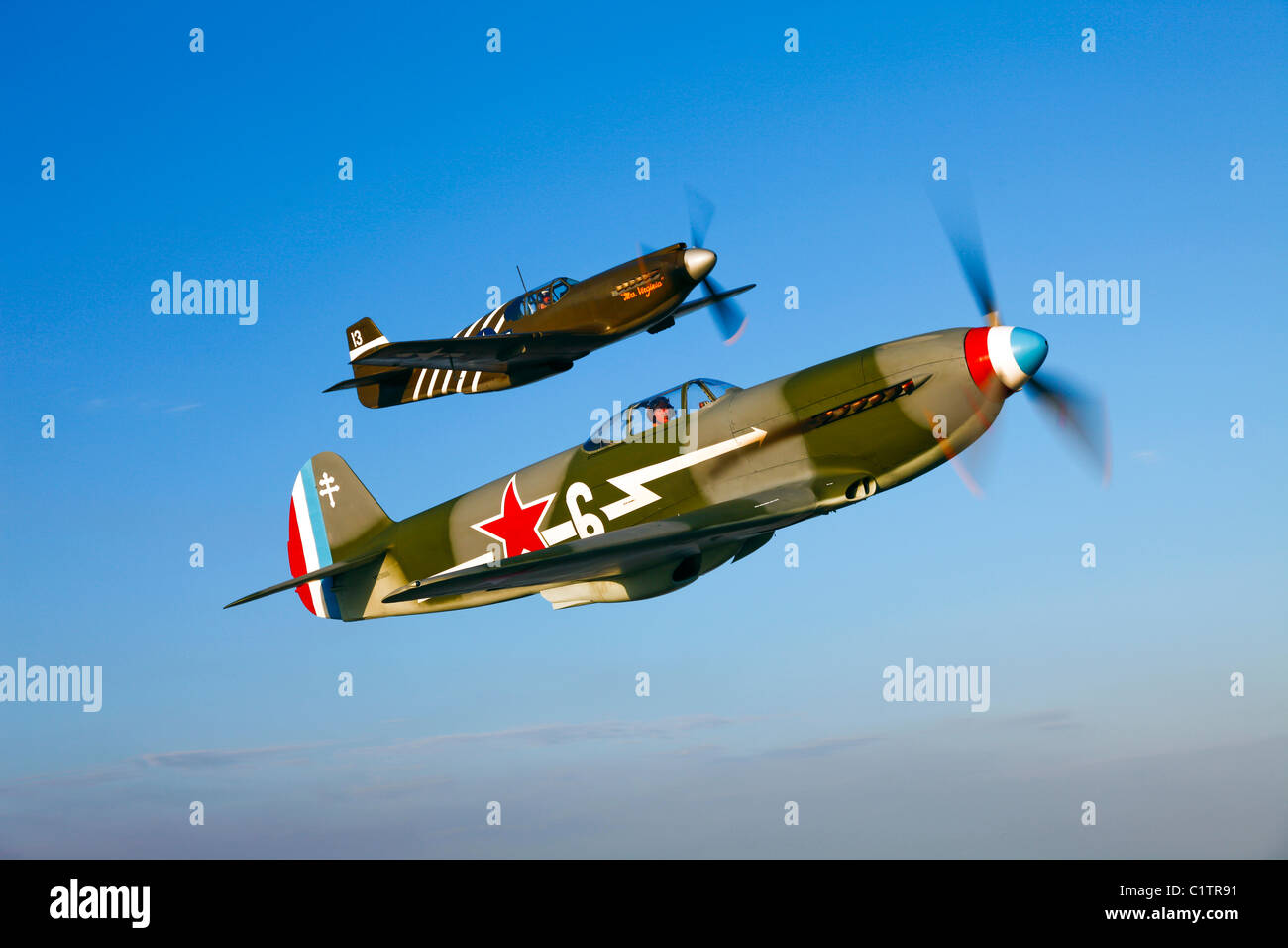 A Soviet Yakovlev Yak-3 and a P-51A Mustang in flight over Chino ...