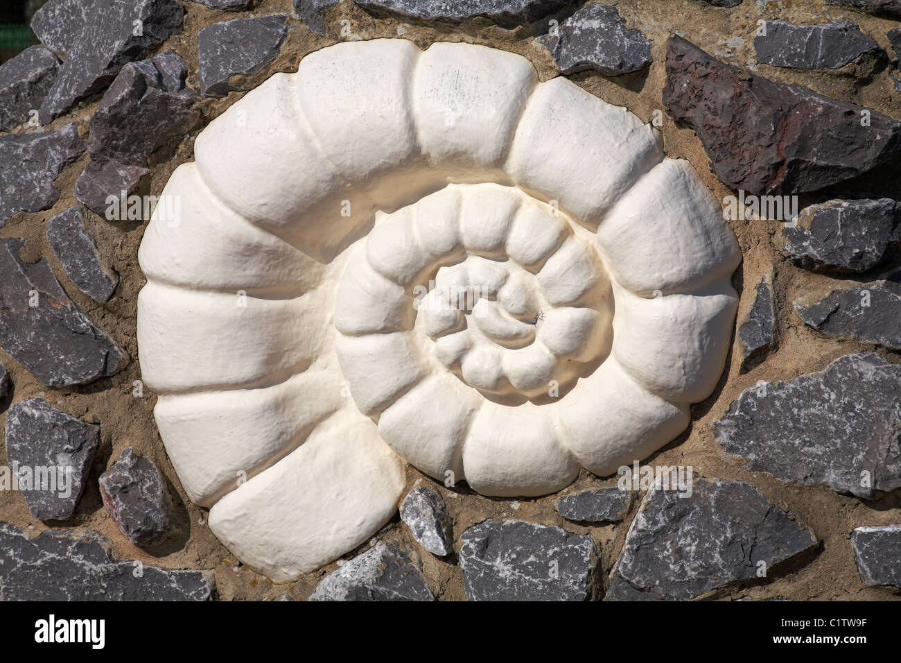 Stones set in shell shape in stone wall Stock Photo - Alamy