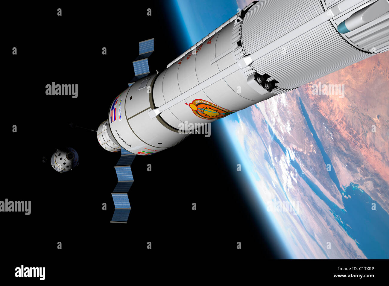 A command module approaches an awaiting rocket in Earth orbit Stock ...