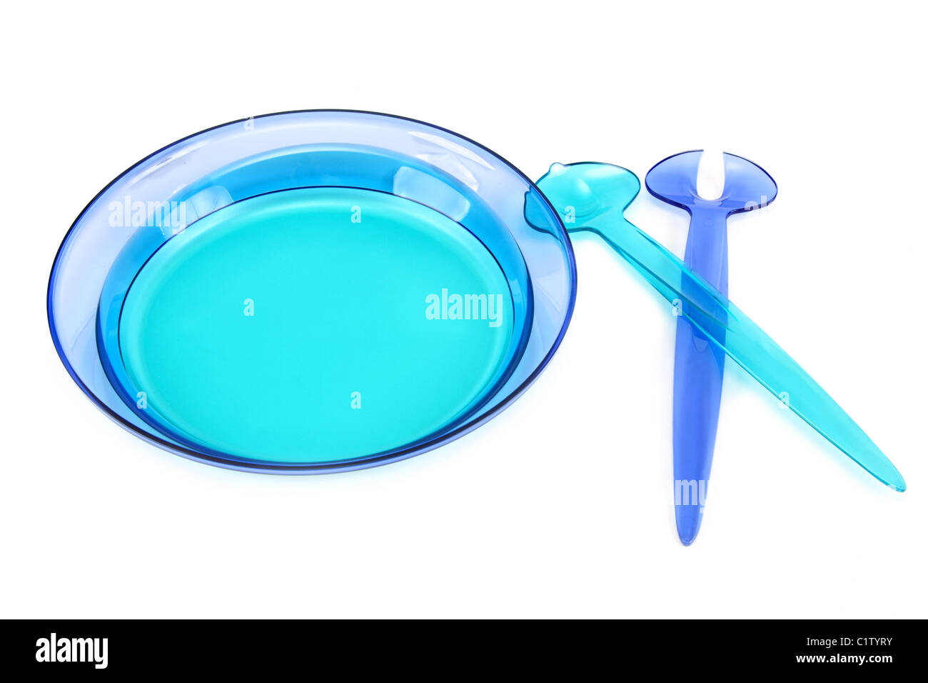 Blue plastic dishes, spoon, fork on white background Stock Photo - Alamy