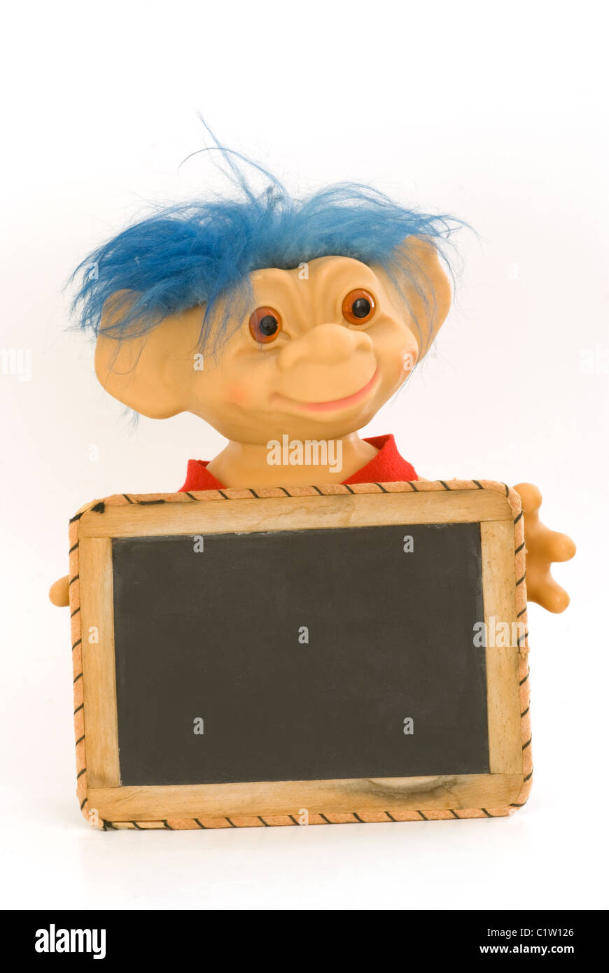 Troll boy with blue hair holding a blank message slate chalkboard Stock ...