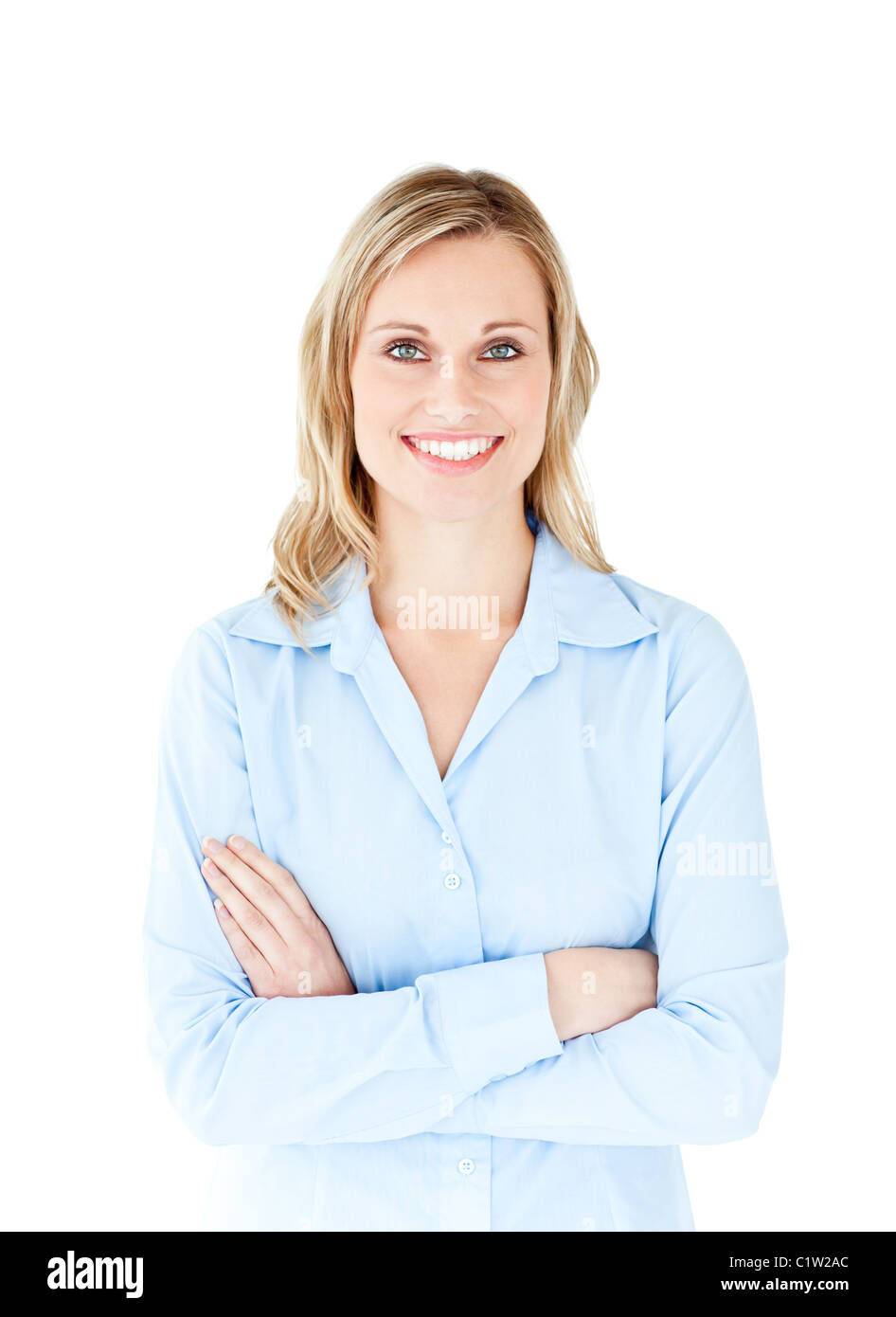 Self-assured businesswoman with folded arms smiling at the camera Stock ...