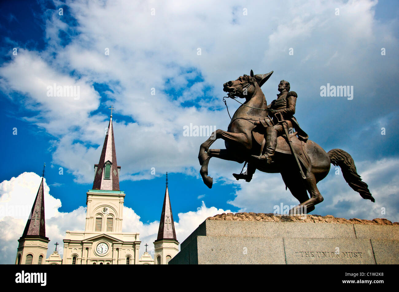 Statue in front of a cathedral, Jackson Square, St. Louis Cathedral ...