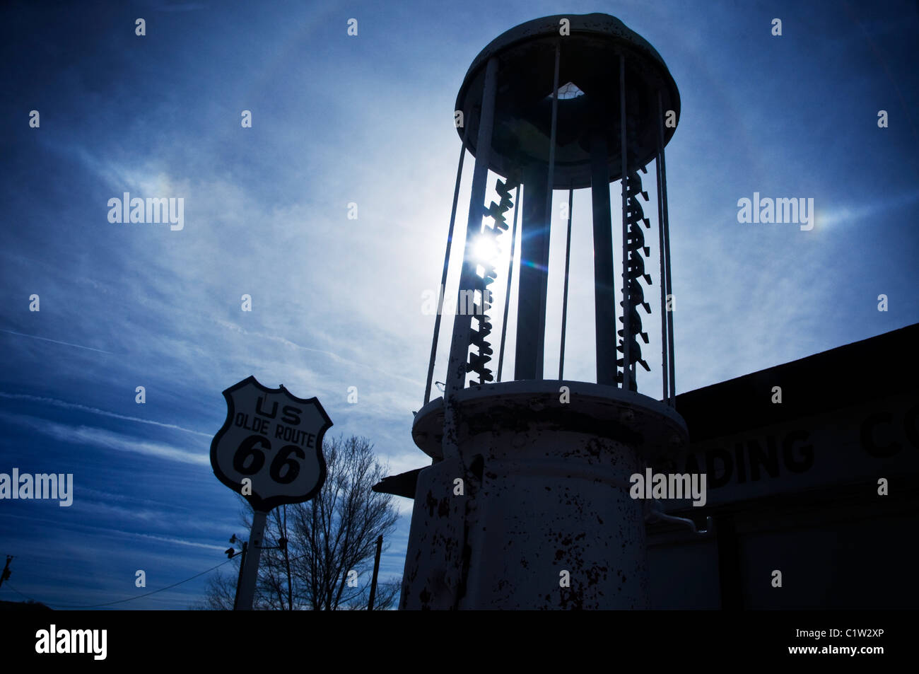 Low angle view of a tower with a road sign, Route 66, USA Stock Photo ...