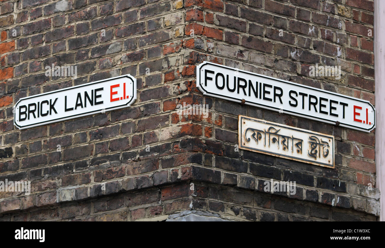The street signs of Brick Lane and Fournier Street in London, England ...