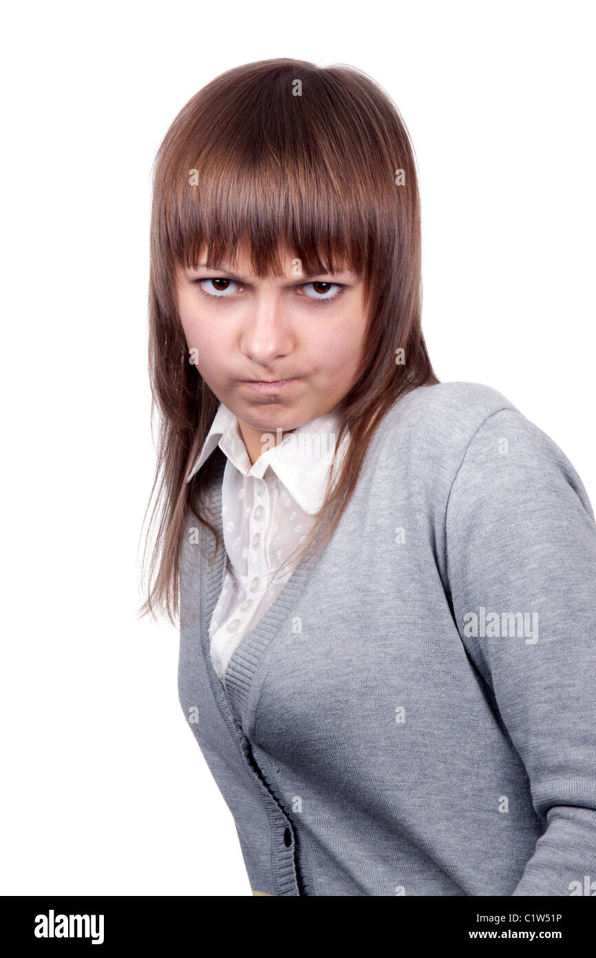 Portrait of the angry beautiful girl on white background Stock Photo ...