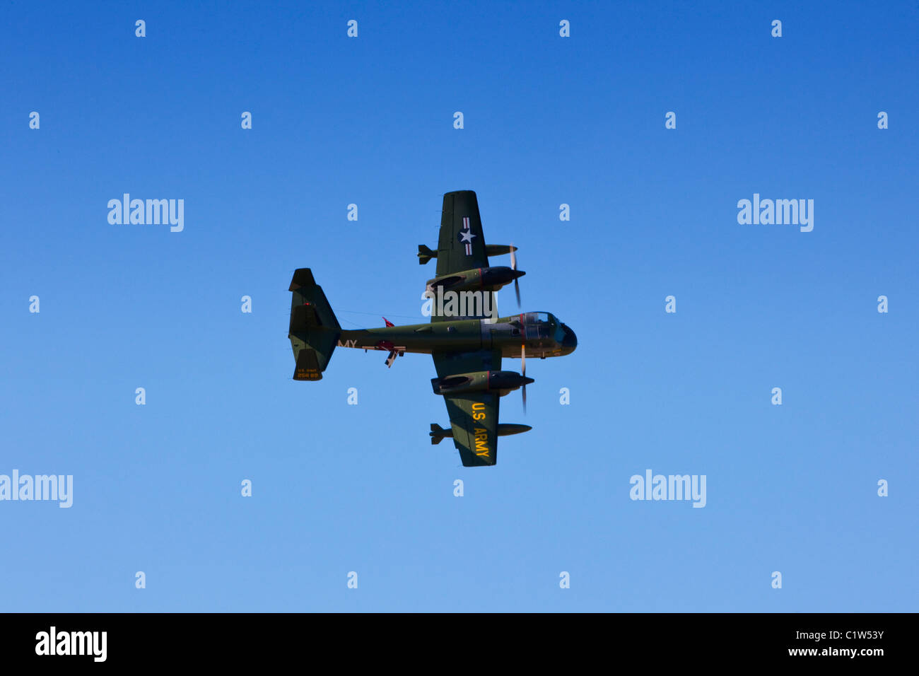 Grumman OV-1 Mohawk aircraft in flight, Fort Worth Alliance Airport ...