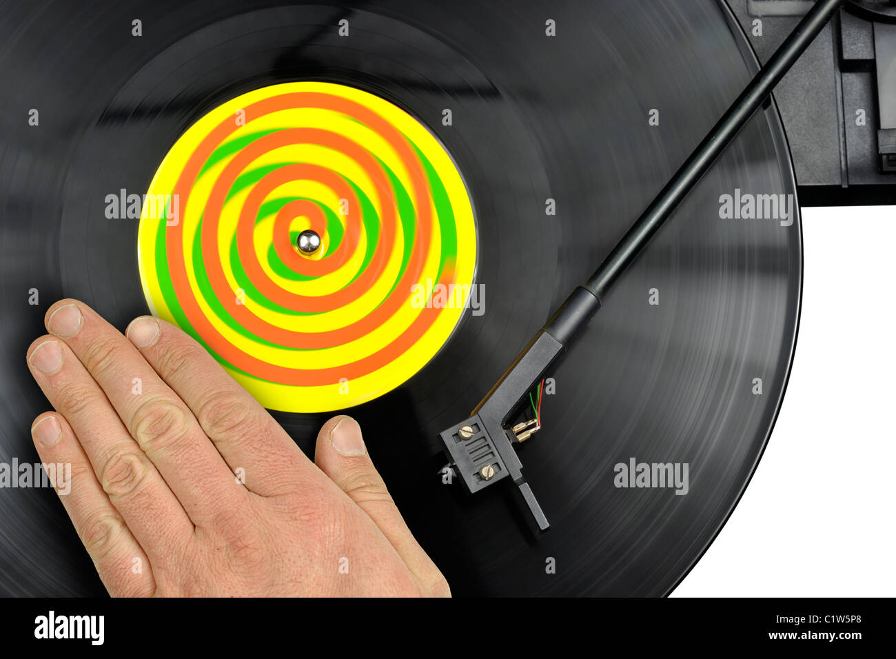 Skilled DJ perform scratching techique on turntable and vinyl record ...