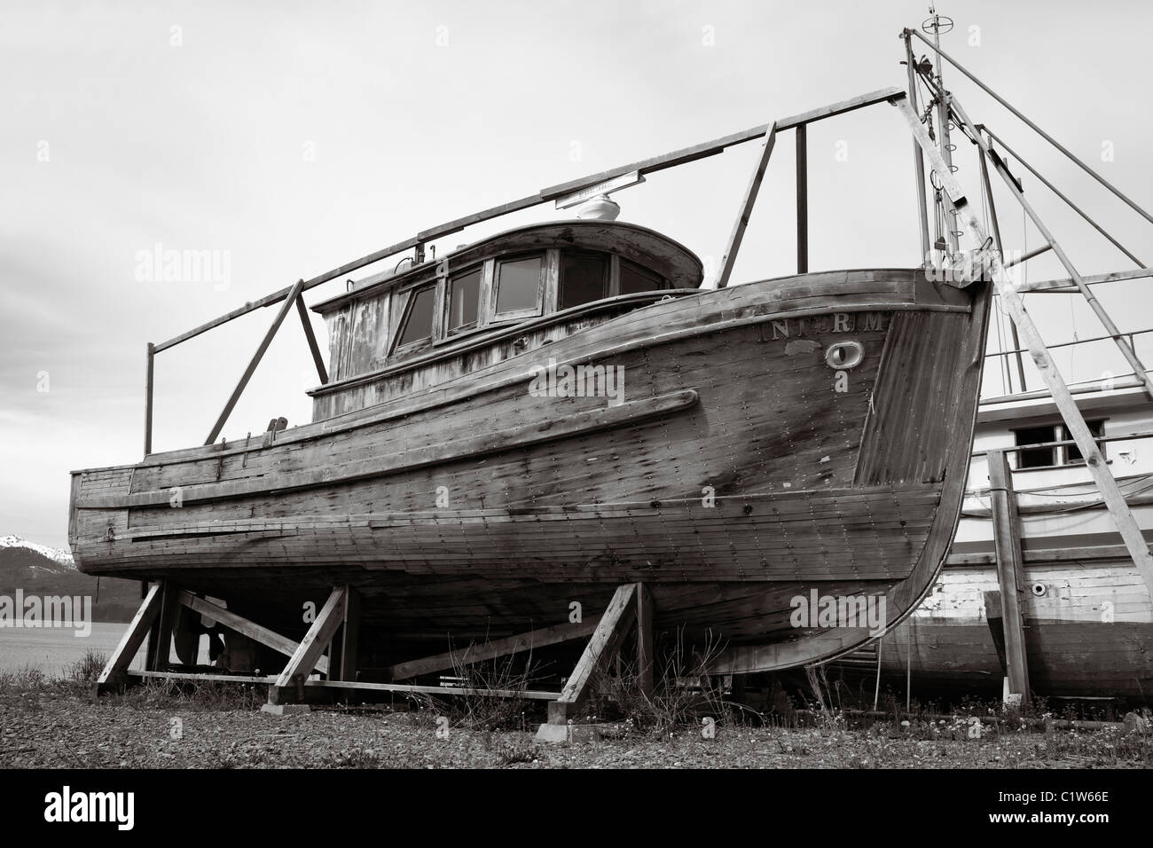 Abandoned fishing boat at the coast, Cannery Museum, Icy Strait Point ...