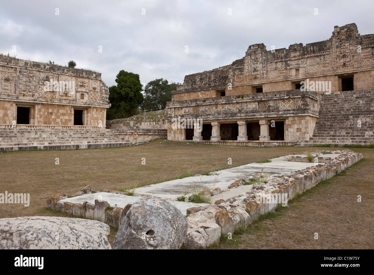 Maya temple ruins in the Nunnery Quadrangle in the Puuc style Maya city ...