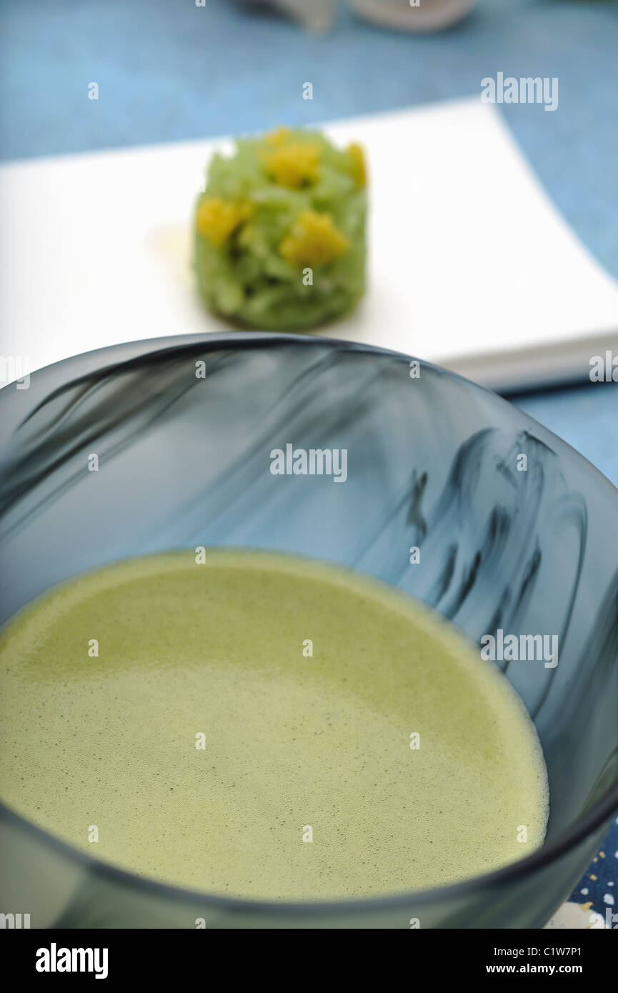 Maccha tea served with a teacake in tea ceremony Stock Photo - Alamy