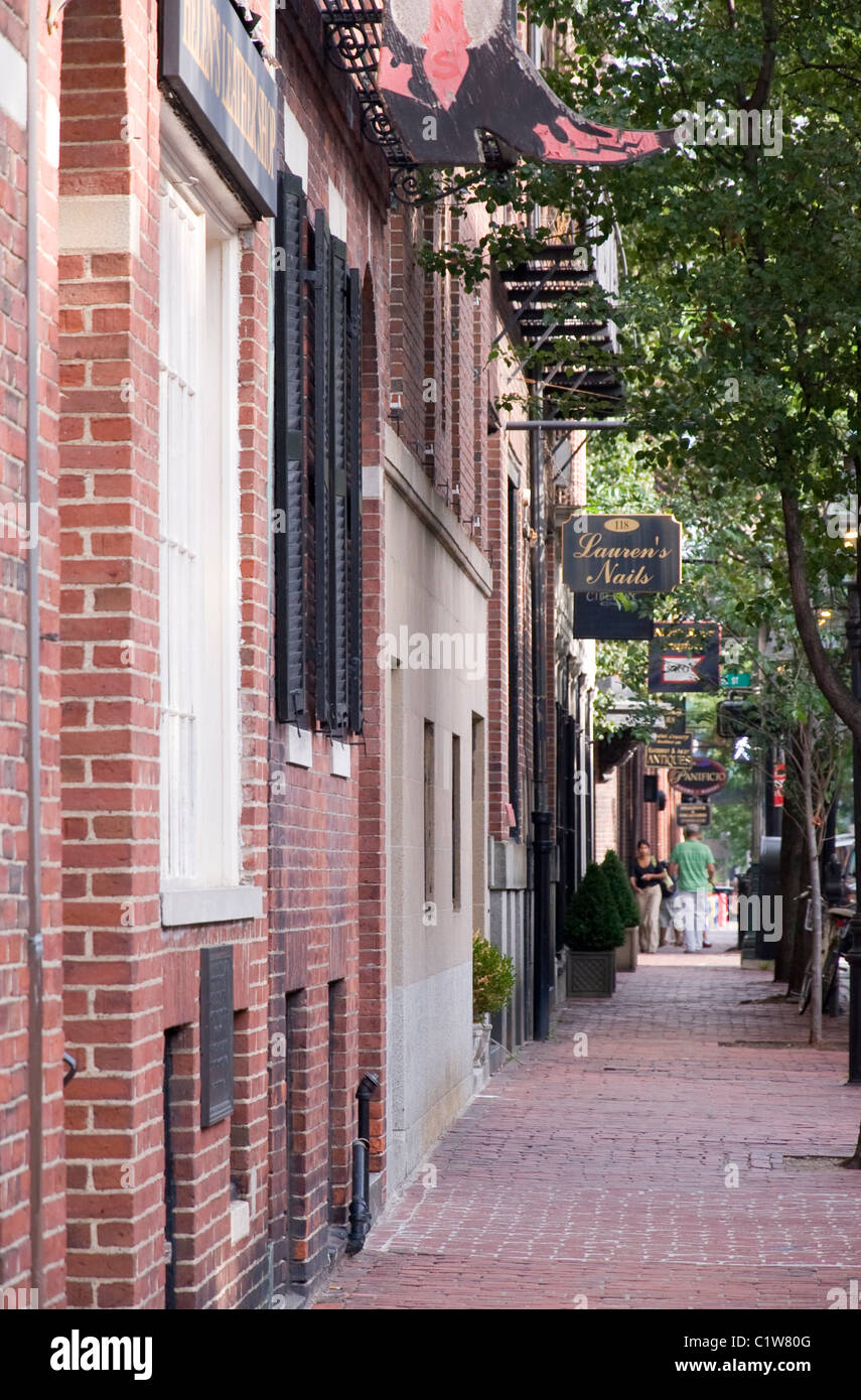 USA, Massachusetts, Boston, Cobble stoned Charles Street in Beacon Hill ...