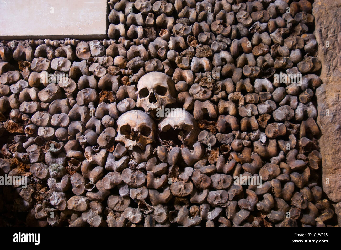 France, Paris, Human skulls and bones at ancient Catacombs Stock Photo ...