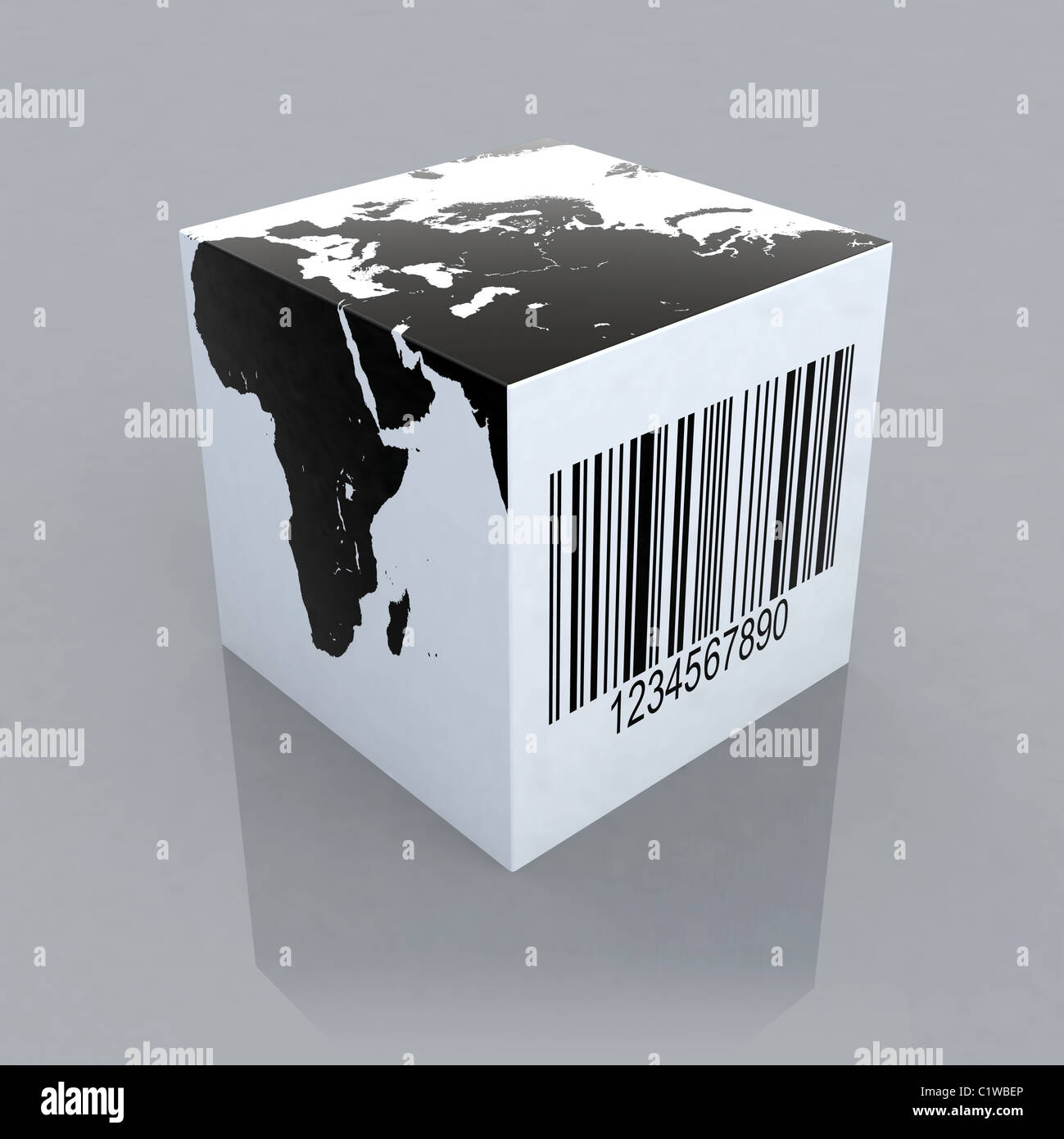 cube with world map and barcode 3d illustration Stock Photo - Alamy
