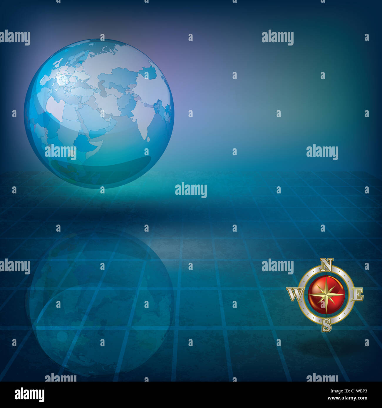 abstract illustation with globe and compass on blue background Stock ...