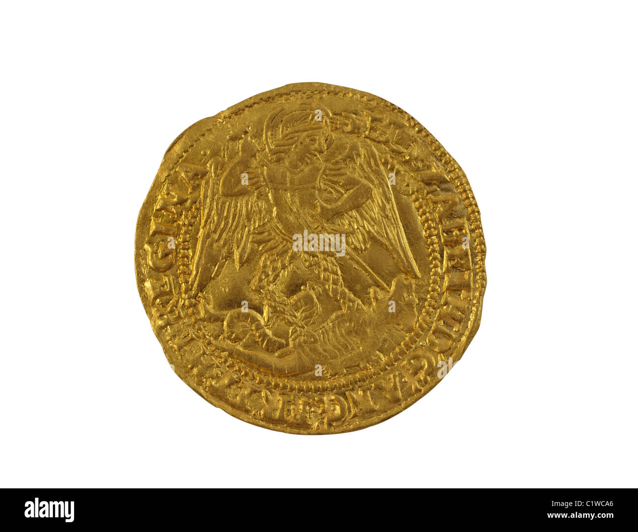Old gold Angel hammered coin of Elizabeth I minted 1590-1592 showing St ...