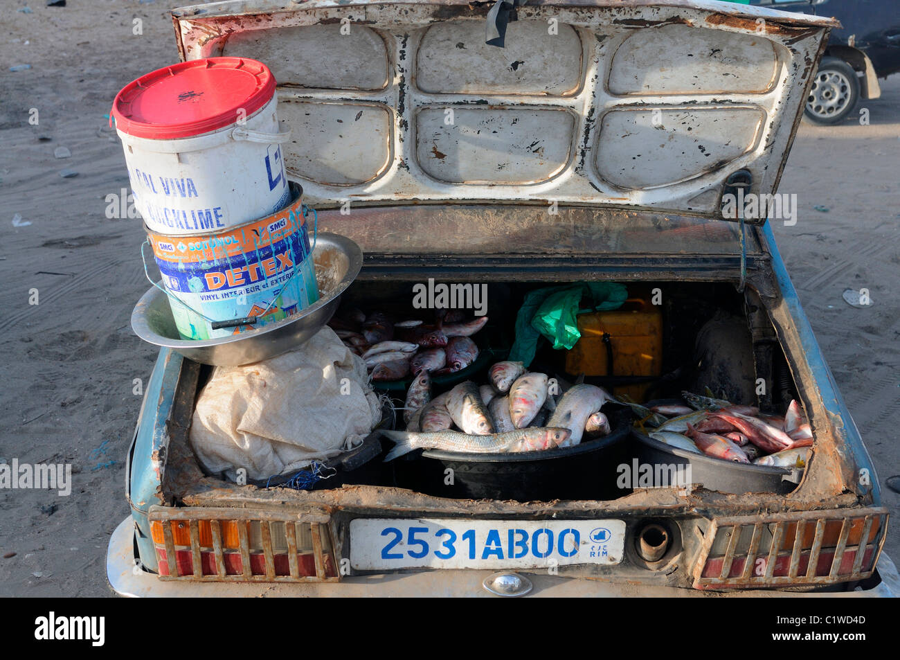 Mauritania, Nouakchott, fish for sale in trunk of an old Renault Stock ...