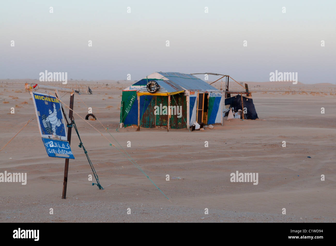 Mauritania, Sahara desert, hut made of waste in sand storm Stock Photo ...