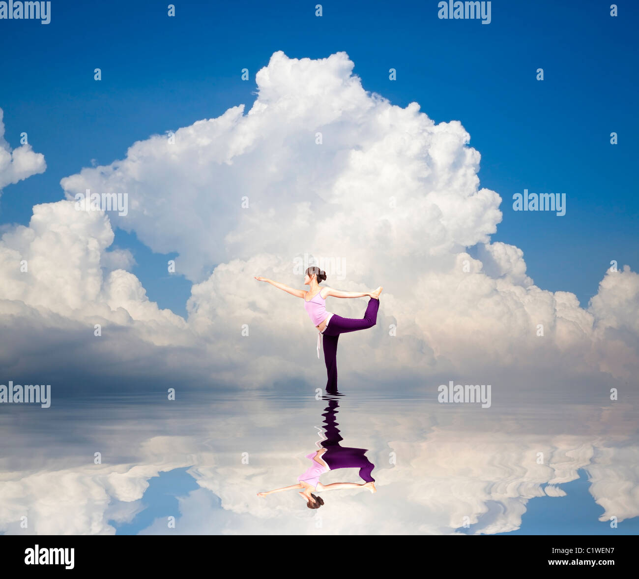 yoga girl on the water and Reflection with cloud background Stock Photo ...