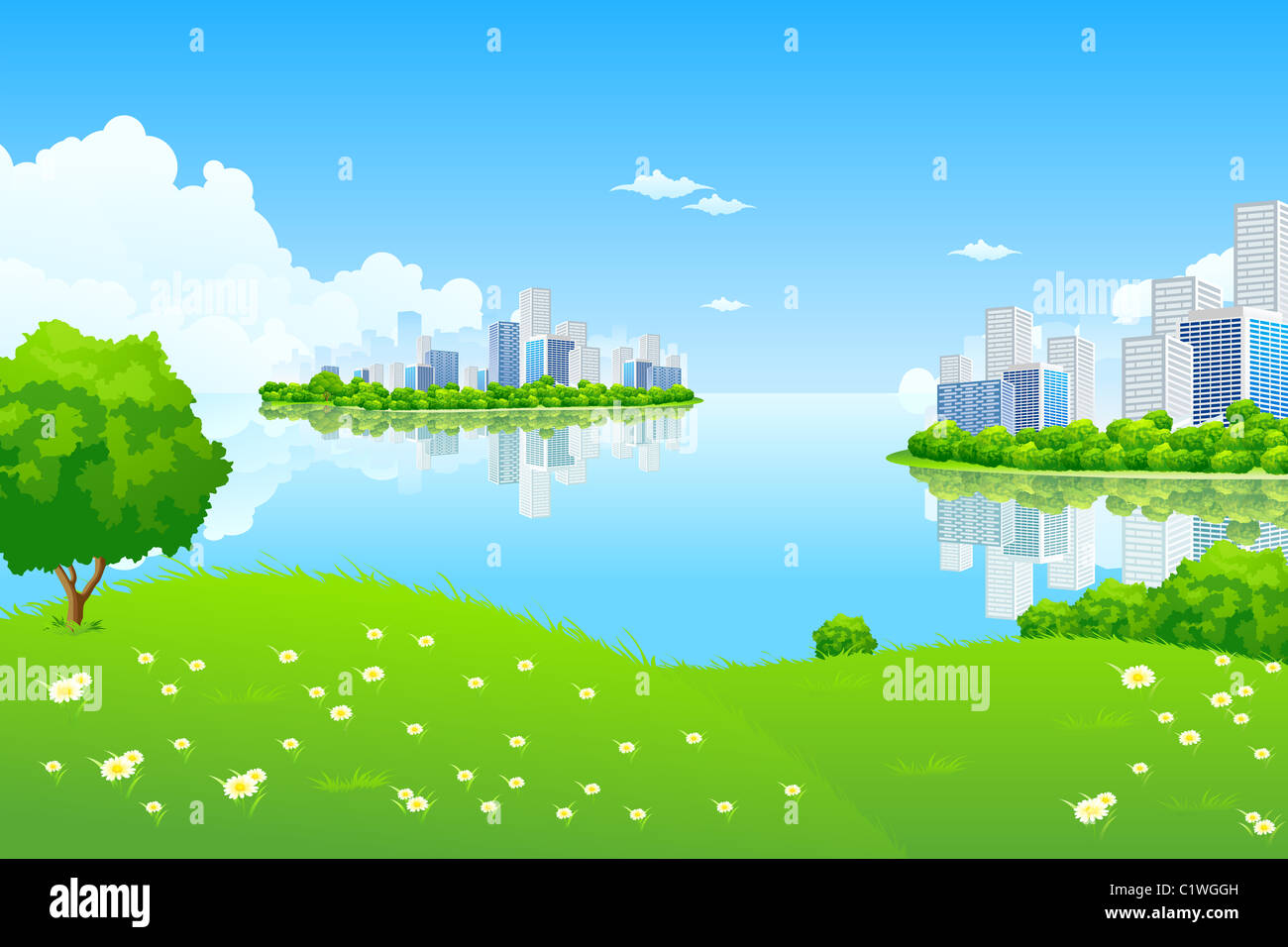 Green City Landscape with hills and flowers Stock Photo - Alamy