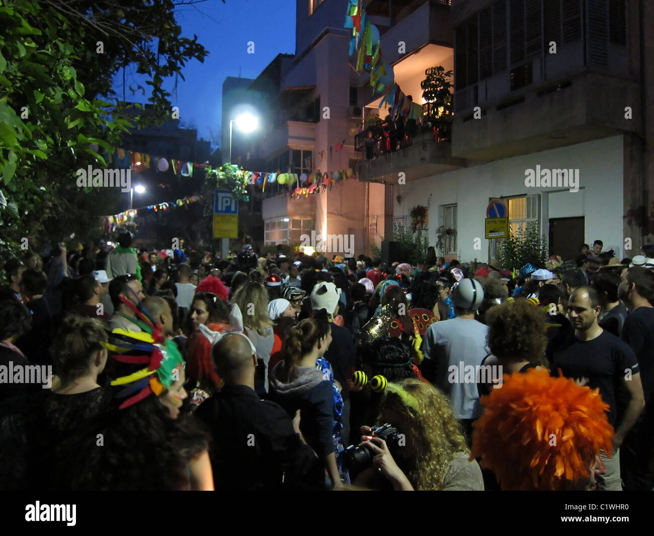 Street party during Purim holiday in Michal street downtown Tel Aviv ...