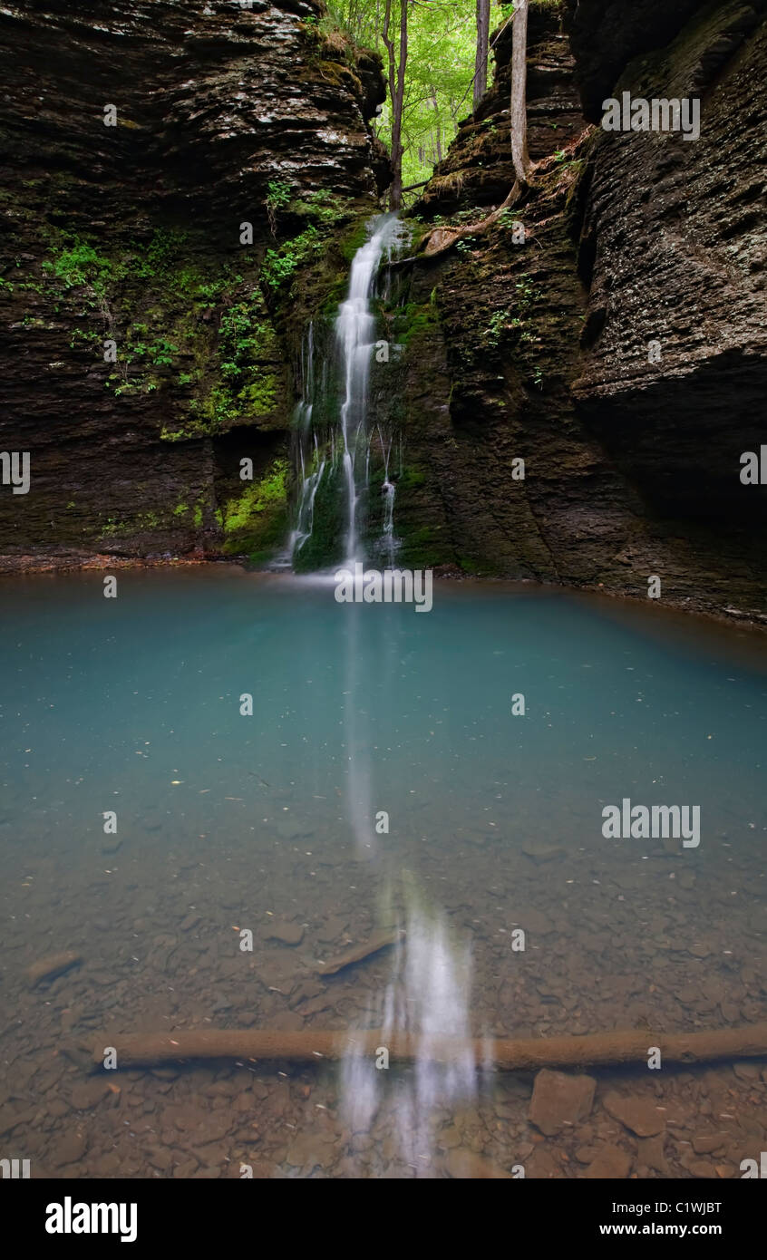 Waterfall cut through a wall of shale, Falling Water Creek, Ozark ...