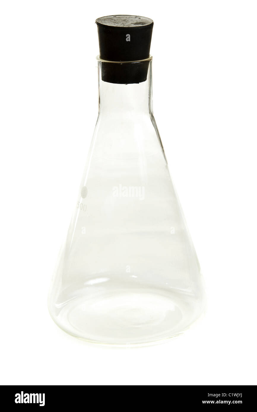 Transparent chemical flask with stopper on white background Stock Photo ...