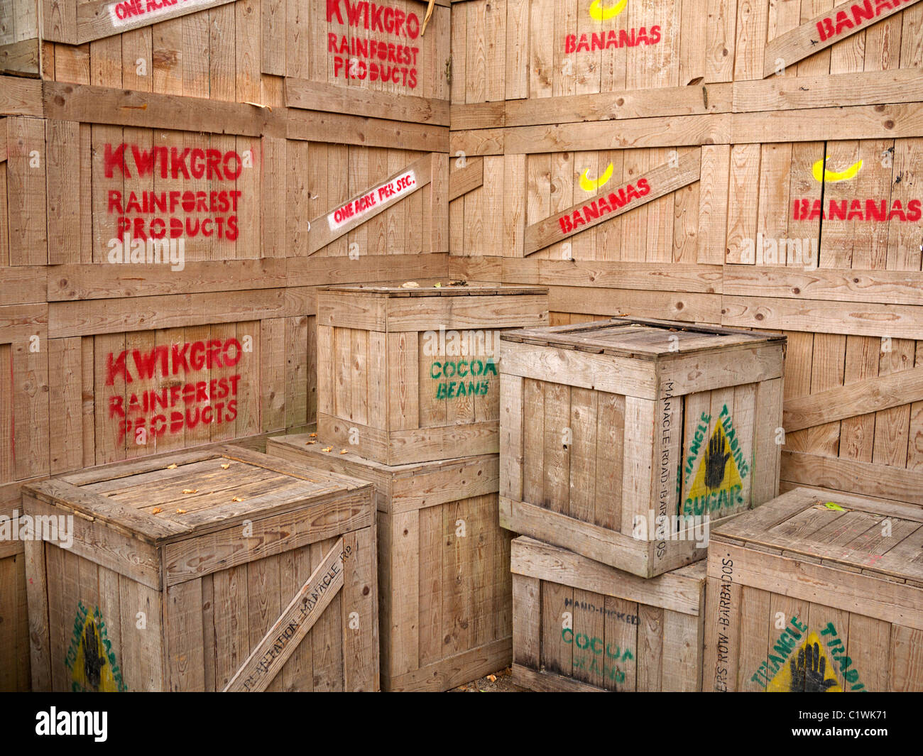 Wooden boxes containing rain forest products at the Eden project St ...