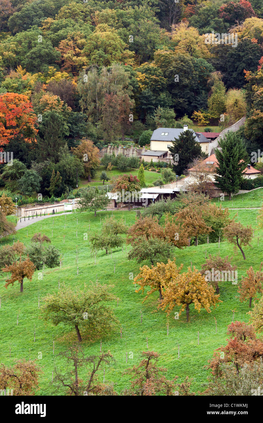 House on a hillside in the beautiful autumn forest in Prague Stock ...