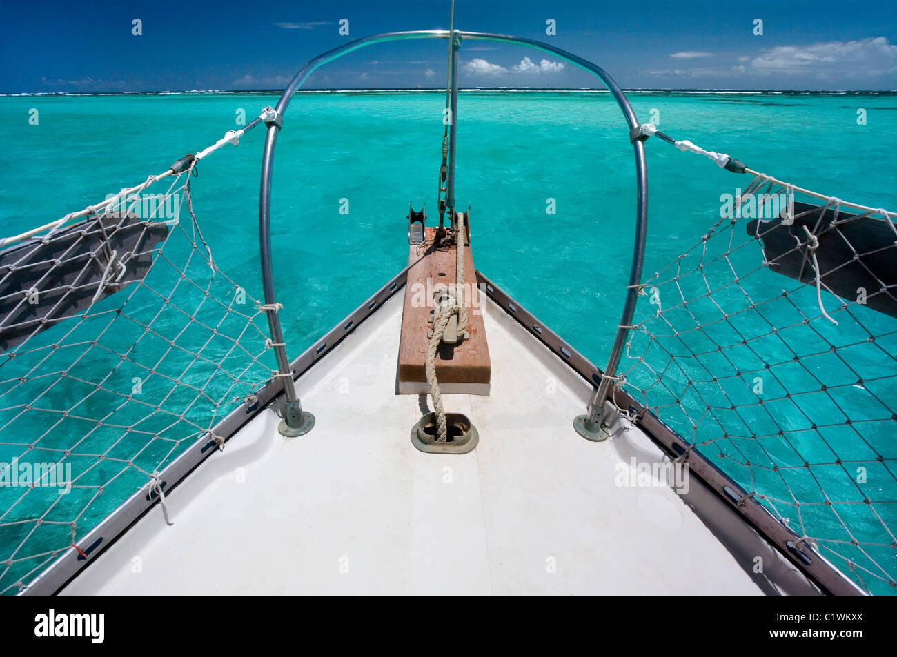 Looking forward from the bow of a sailboat anchored in the Caribbean ...