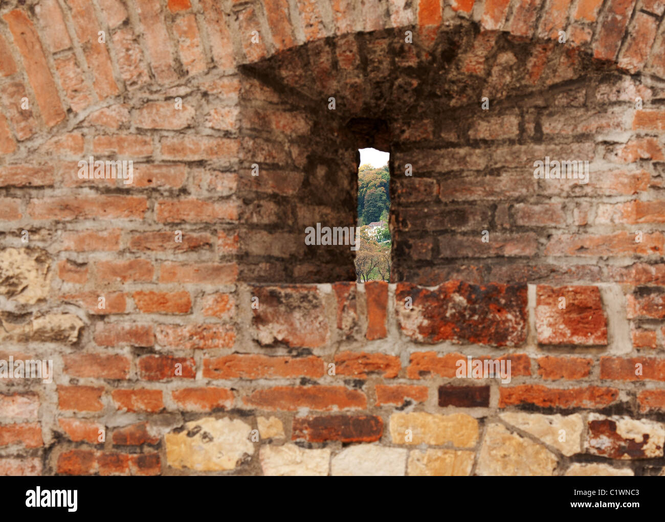 Loop-hole in the brick wall overlooking the forest Stock Photo - Alamy