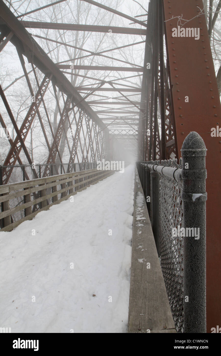 The lines of a bridge converge on a distant wintery mist. The ...