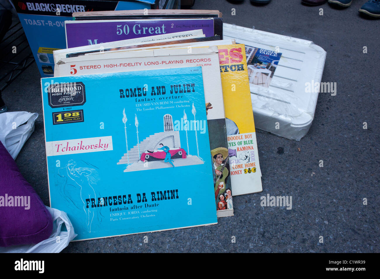 Record albums for sale at a flea market in New York City Stock Photo ...