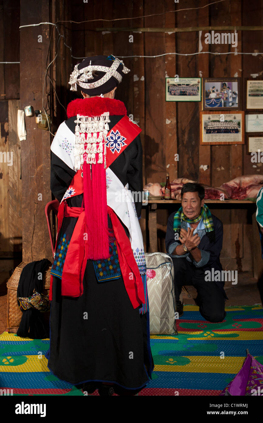 Iu Mien(Yao) shaman looking the fortune telling to bride, Ban Bur ...