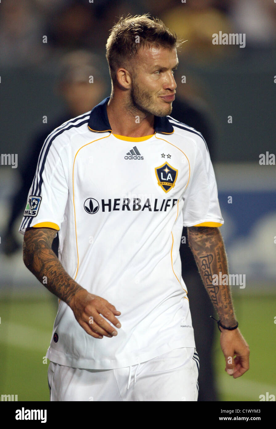 David Beckham of the Los Angeles Galaxy is sent off with a red card for ...