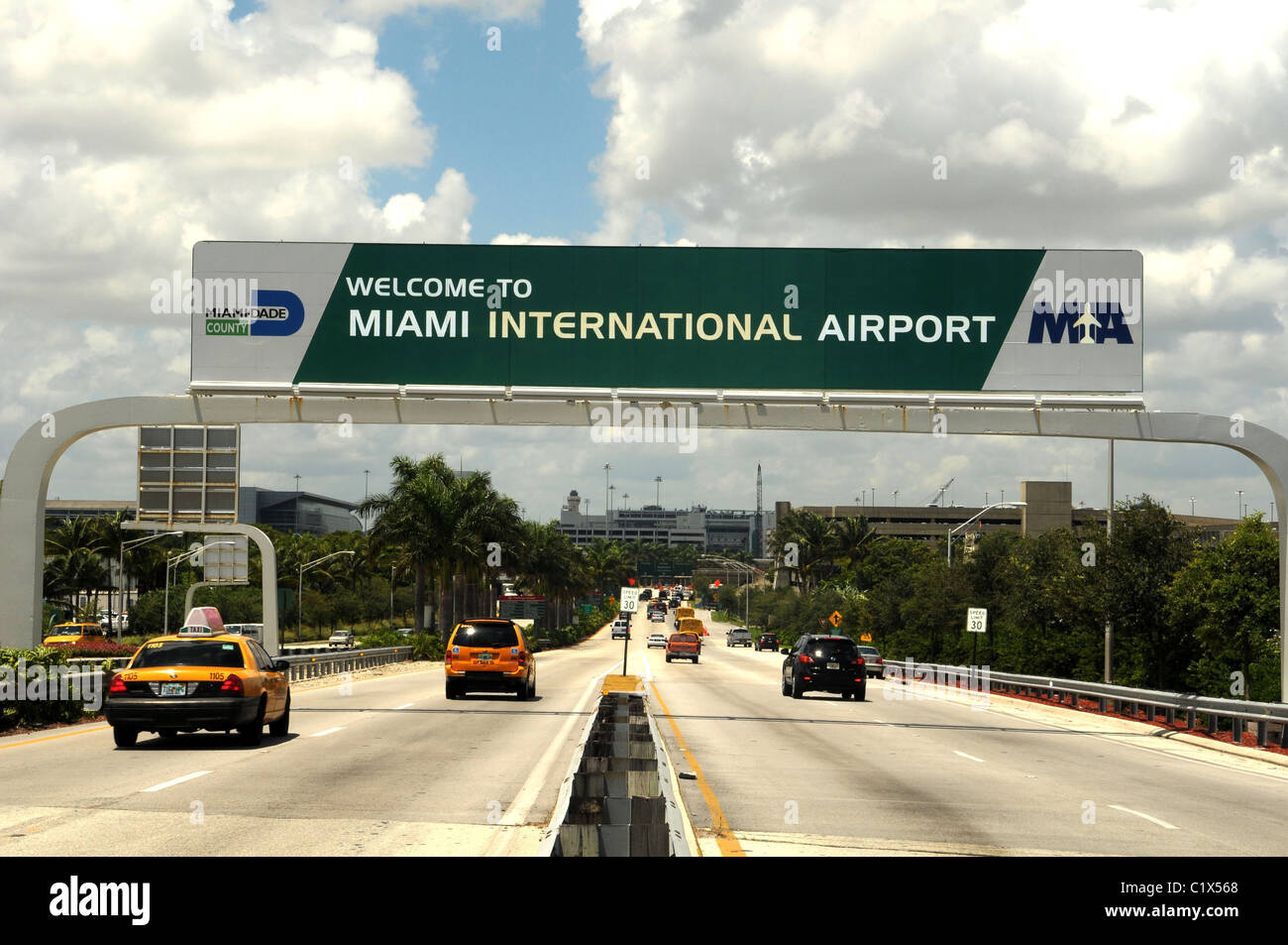 Miami International Airport welcome sign at the entrance of the Airport ...