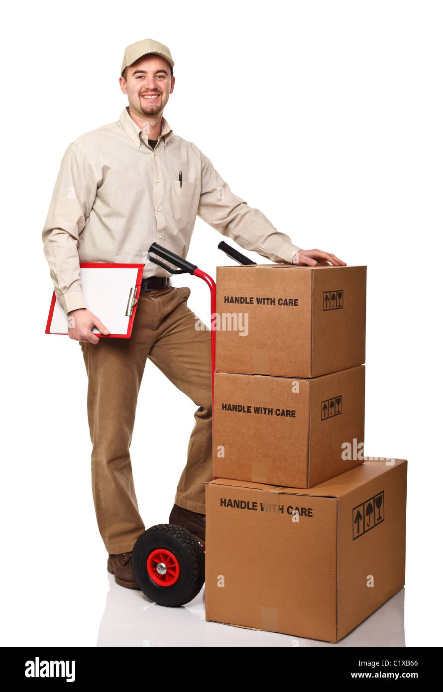 standing delivery man with red handtruck on white background Stock ...