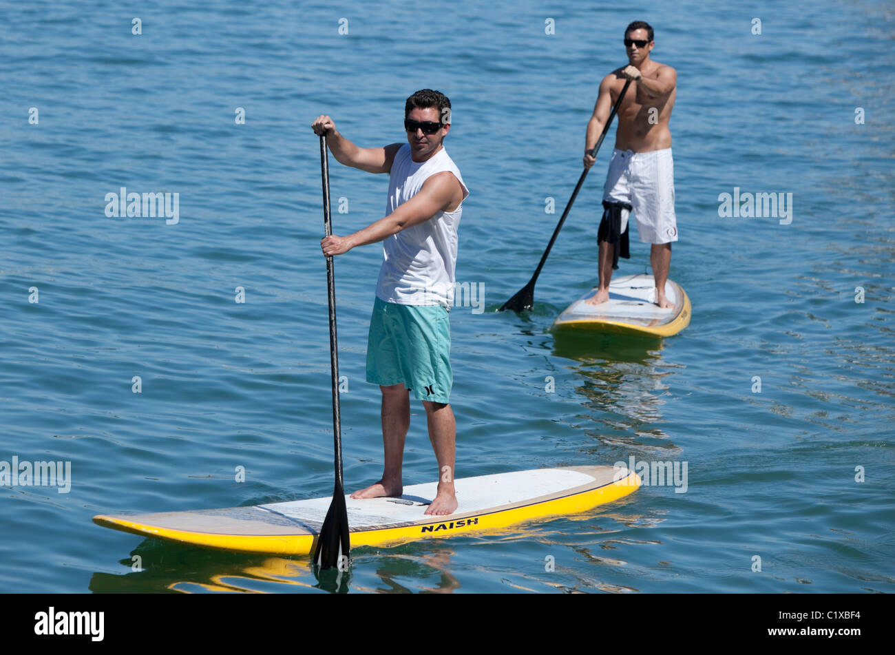 Two men paddleboarding in the sea, Miami, Florida, USA Stock Photo - Alamy