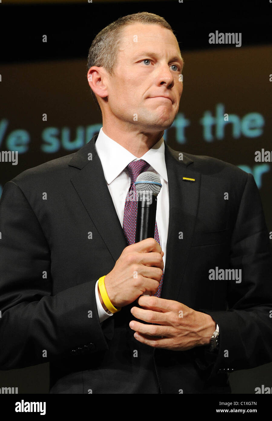 Lance Armstrong speaking at the 'Livestrong Global Cancer Summit' at ...