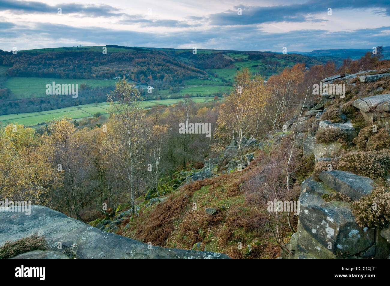 Gritstone rock formations at Froggatt Edge, Peak District, Derbyshire ...