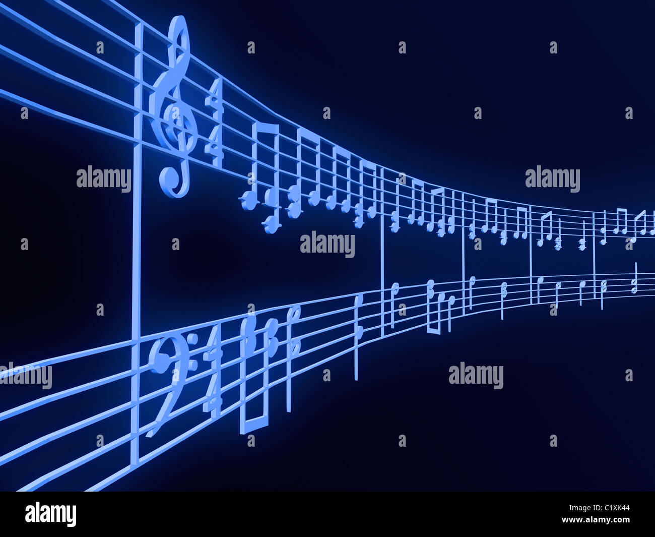 Close-up of blue musical score sheet music, surrounded by blue glow, 3d ...