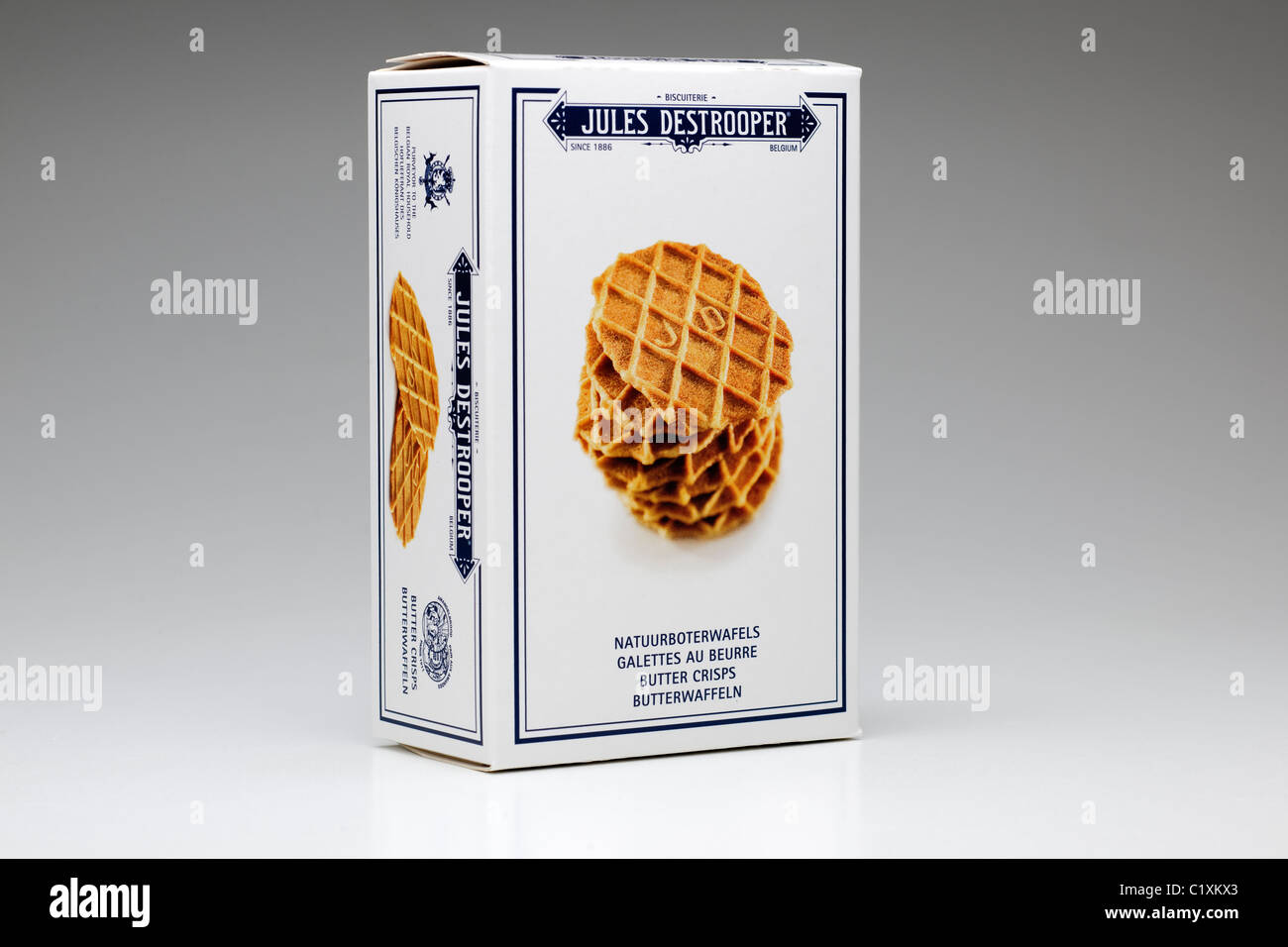 Box of Jules Destrooper natural butter crisps waffles Stock Photo - Alamy