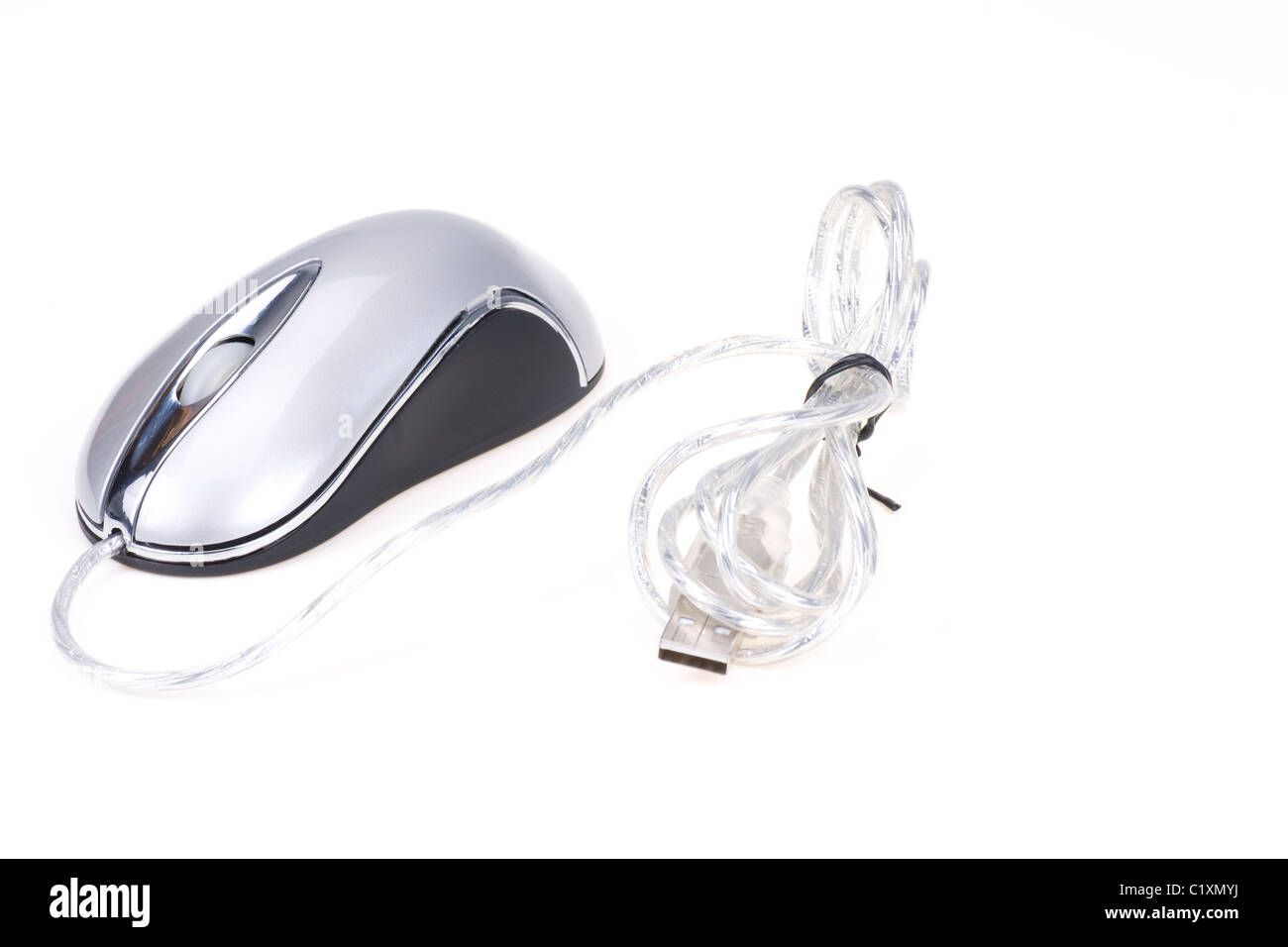 Silver computer mouse with a transparent cable Stock Photo - Alamy