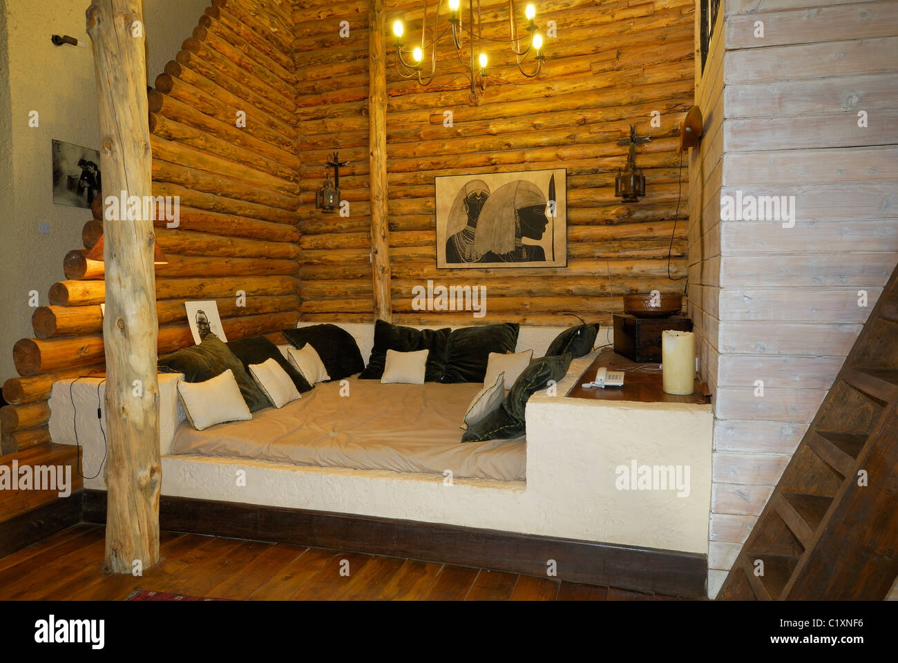 interior shot of log cabin in Ngong House Safari Hotel, Nairobi, Kenya ...