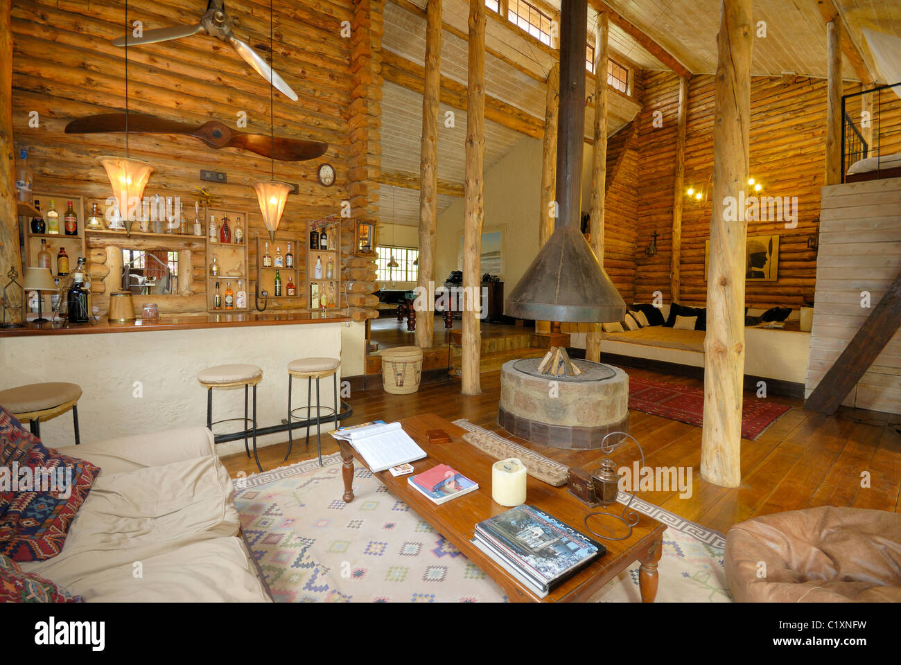 interior shot of log cabin in Ngong House Safari Hotel, Nairobi, Kenya ...
