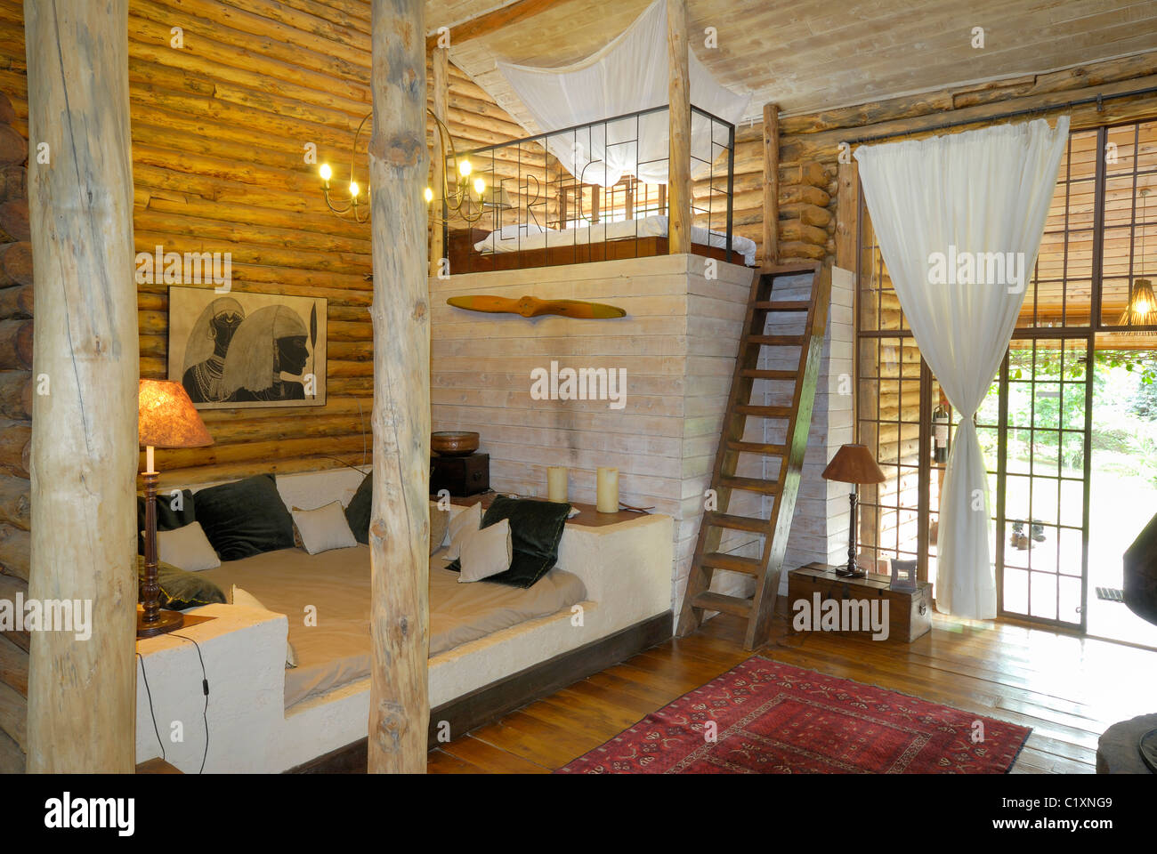 interior shot of log cabin in Ngong House Safari Hotel, Nairobi, Kenya ...